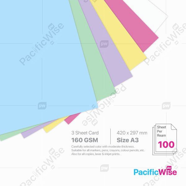 A3 3 Sheet Card 160 GSM Light Colour (100'S)