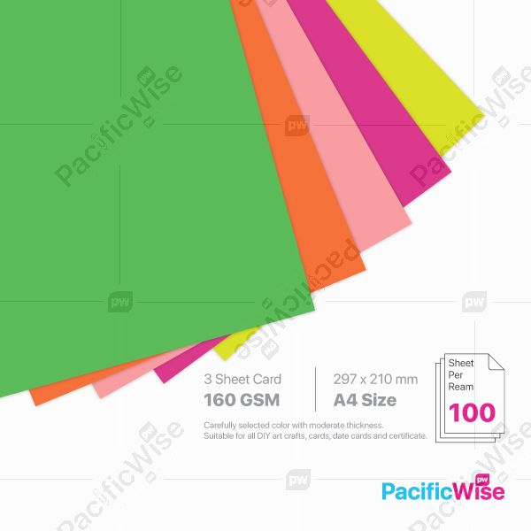 A4 3 Sheet Card 160 GSM Fluorecent Colour (100'S)